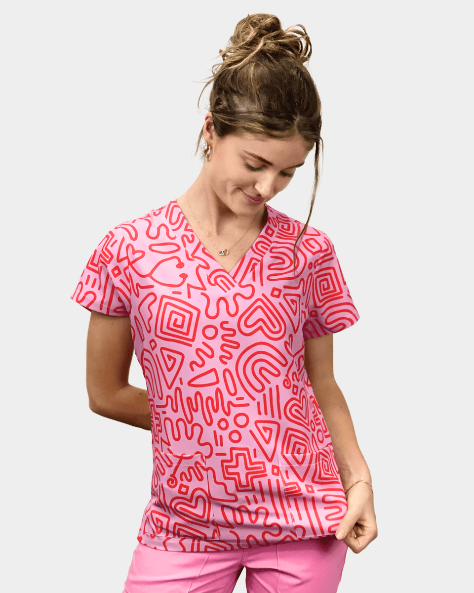 'Scribble On Scrubs' Womens Printed Scrub Top | Fun Patterned Scrubs – Hunter Scrubs