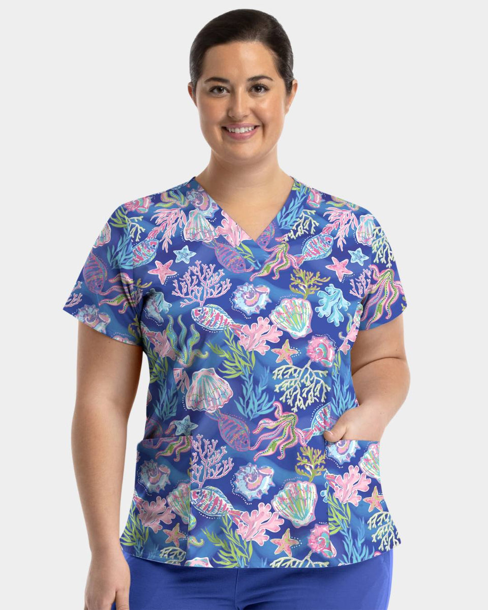 'Summer Tides' Women's Stretch Scrub Top | Fun Summer Scrubs For Women ...