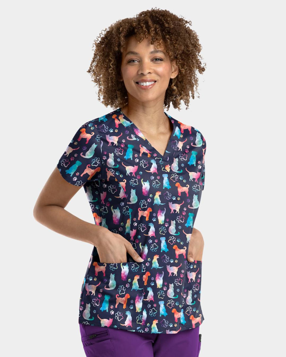 'Furr-Ever Colorful' Women's Stretch Scrub Top | Fun Scrubs Australia ...