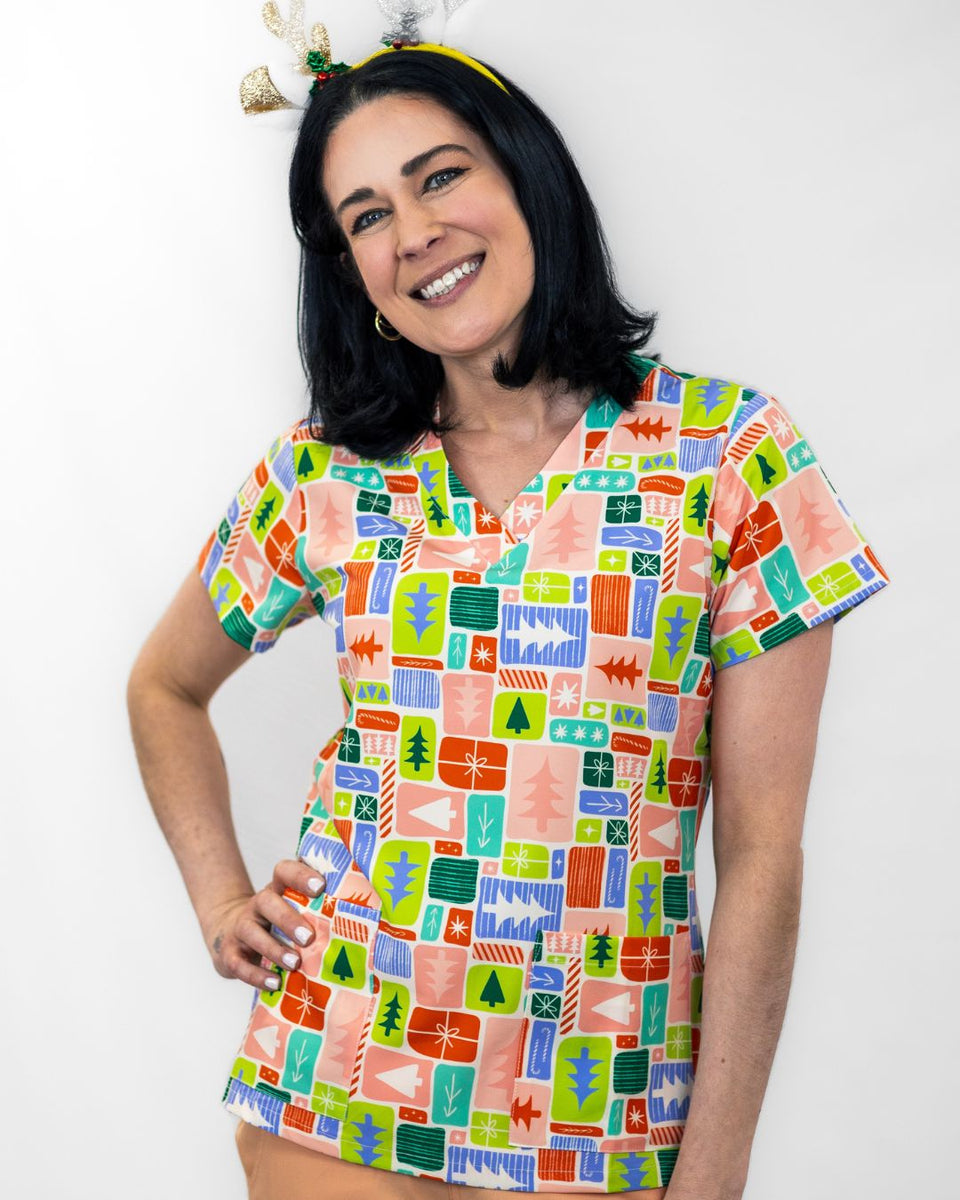 'Merry Mosaic' Christmas Patterned Scrub Top | Christmas Scrubs ...