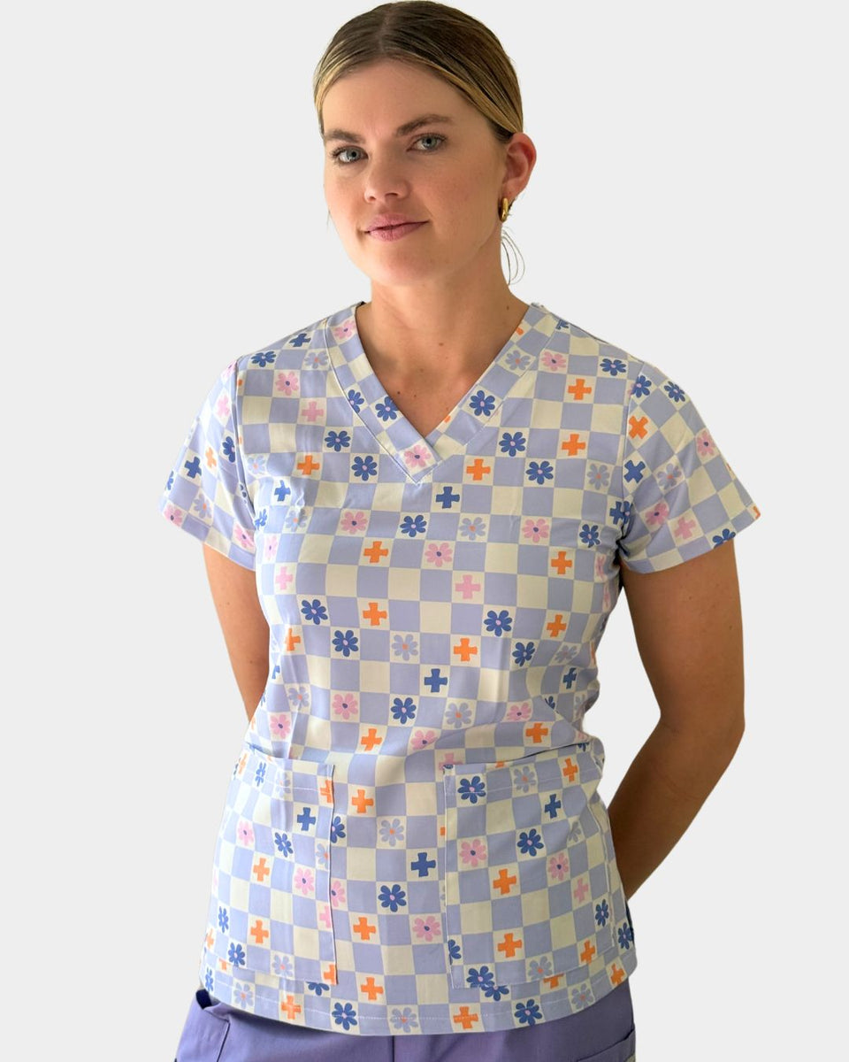 'Checkers Lilac' Womens Patterned Scrub Top | Colourful Printed Scrubs ...