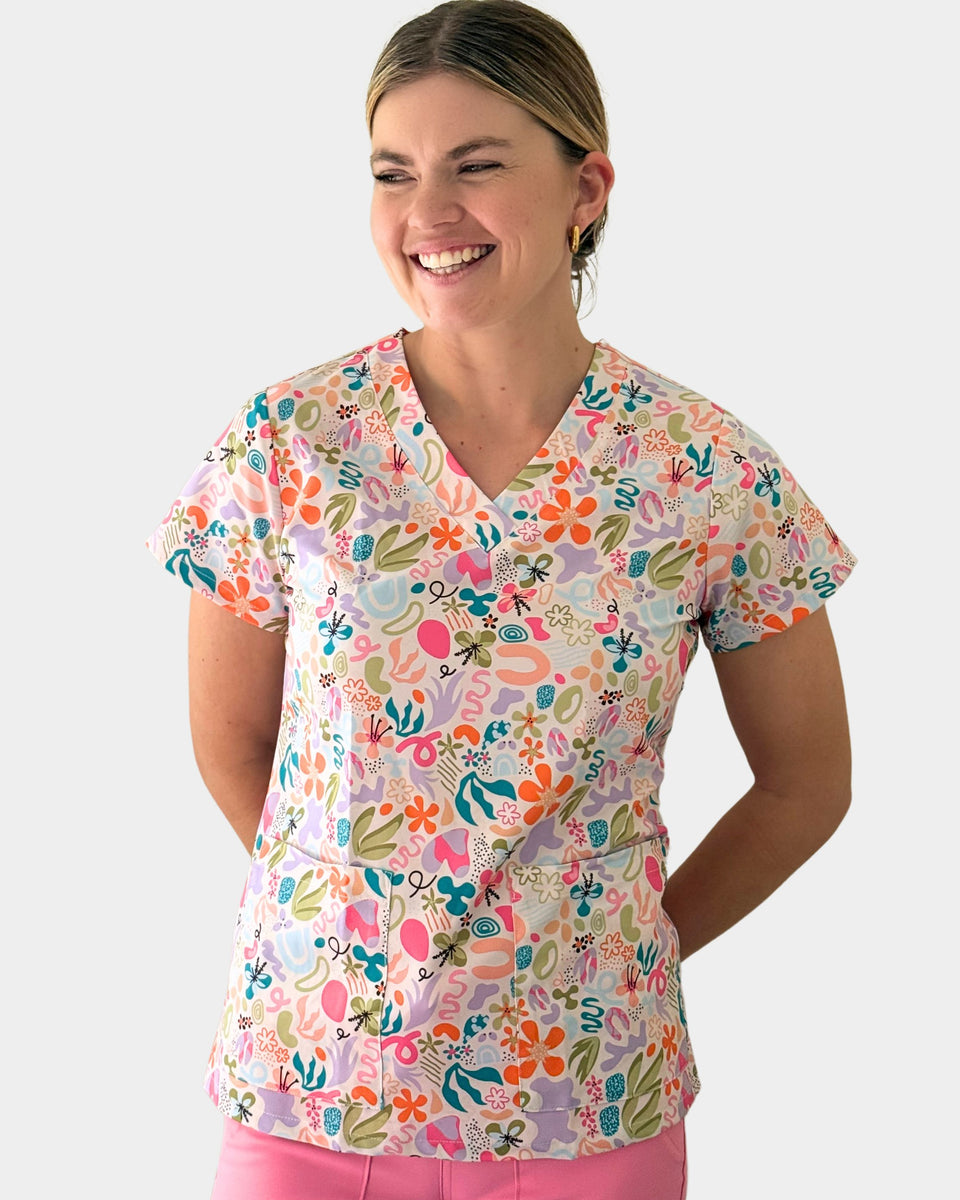 'Busy Florals' Women's Stretch Scrub Top | Fun Scrub Tops – Hunter Scrubs